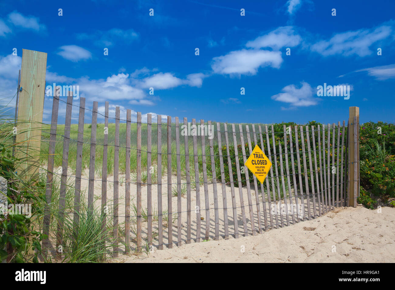 Closed trail near the famous walkway to the dunes.Sandwich, Cape Cod ...