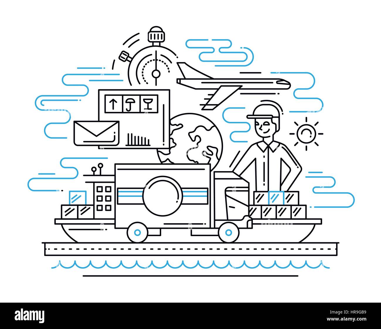 Delivery service line flat design illustration with male and cargo ...