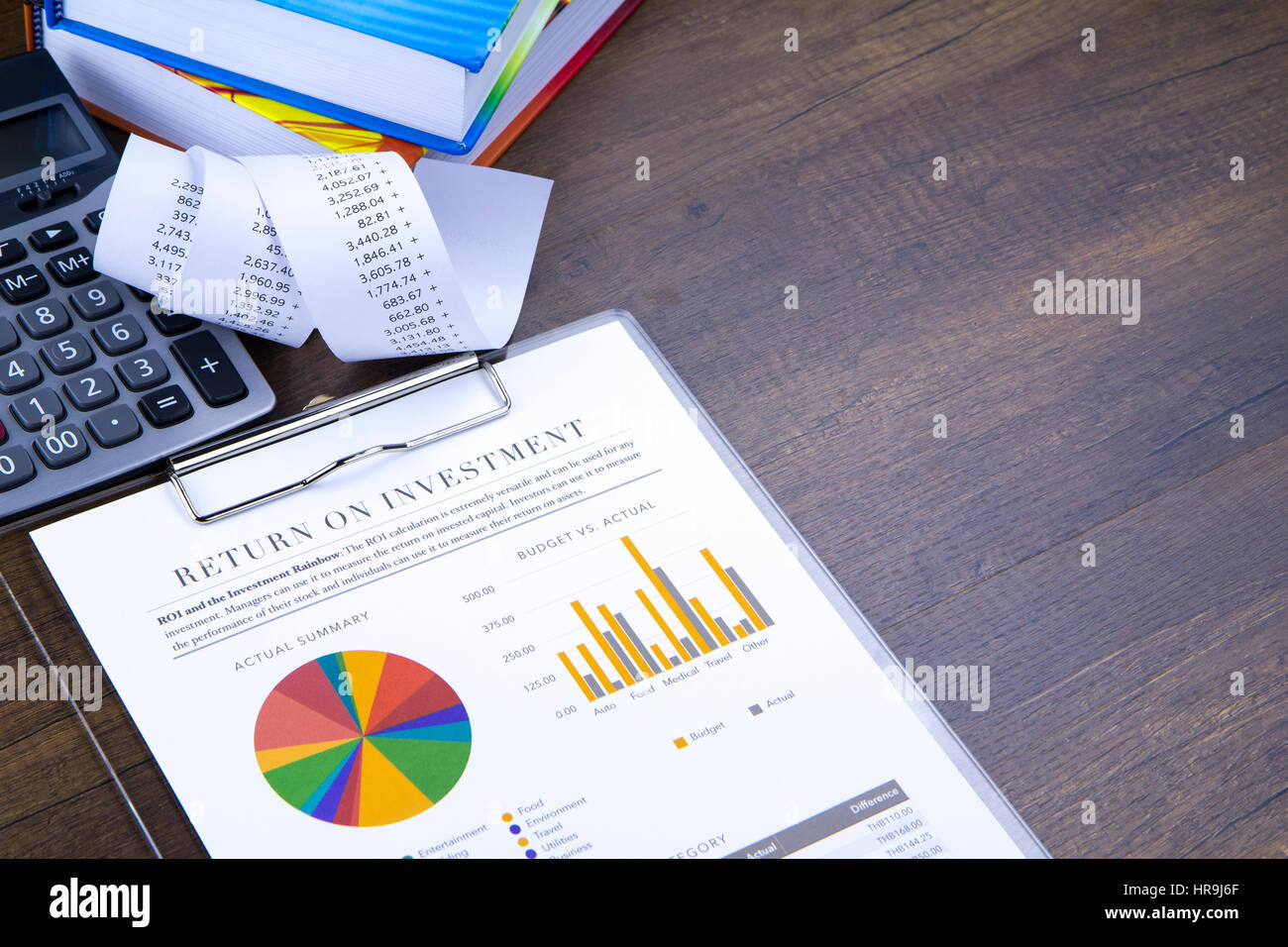 Return on investment analysis document with rainbow pie chart graph and ...