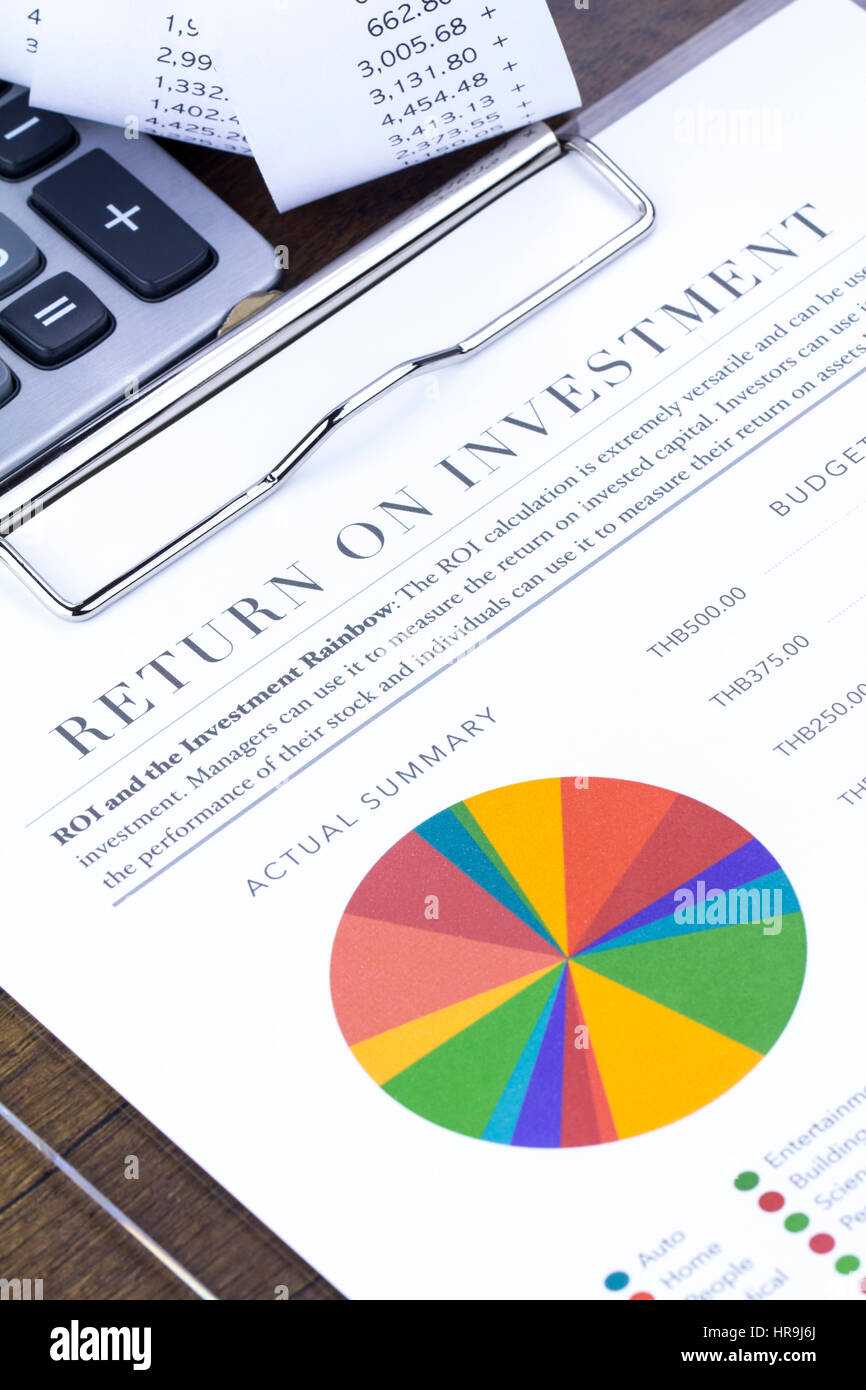 Return on investment analysis document with rainbow pie chart graph and ...
