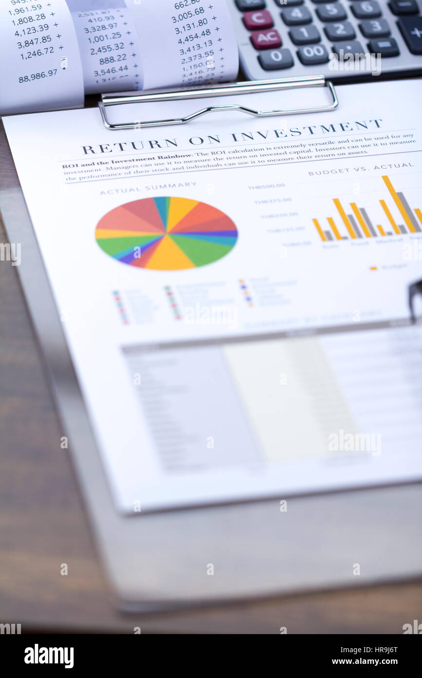 Return on investment analysis document with rainbow pie chart graph ...