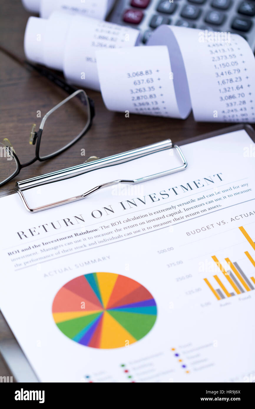 Return on investment analysis document with rainbow pie chart graph and ...