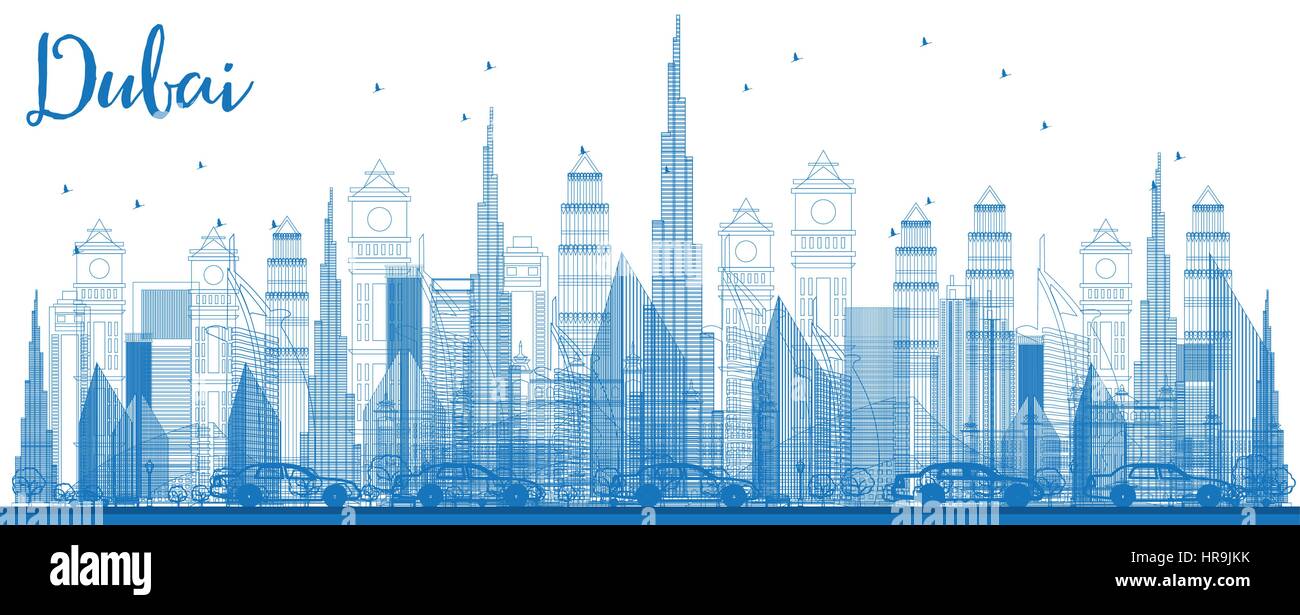 Outline Dubai Skyline with City Skyscrapers. Front View Through ...