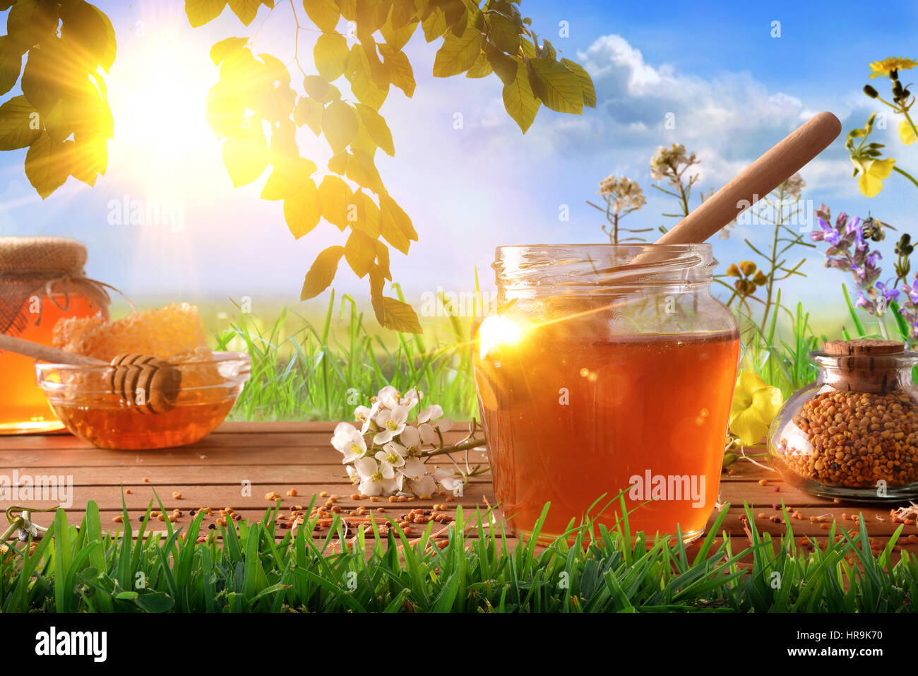 Two honey pots with honeycomb and bee pollen on a wooden table and ...