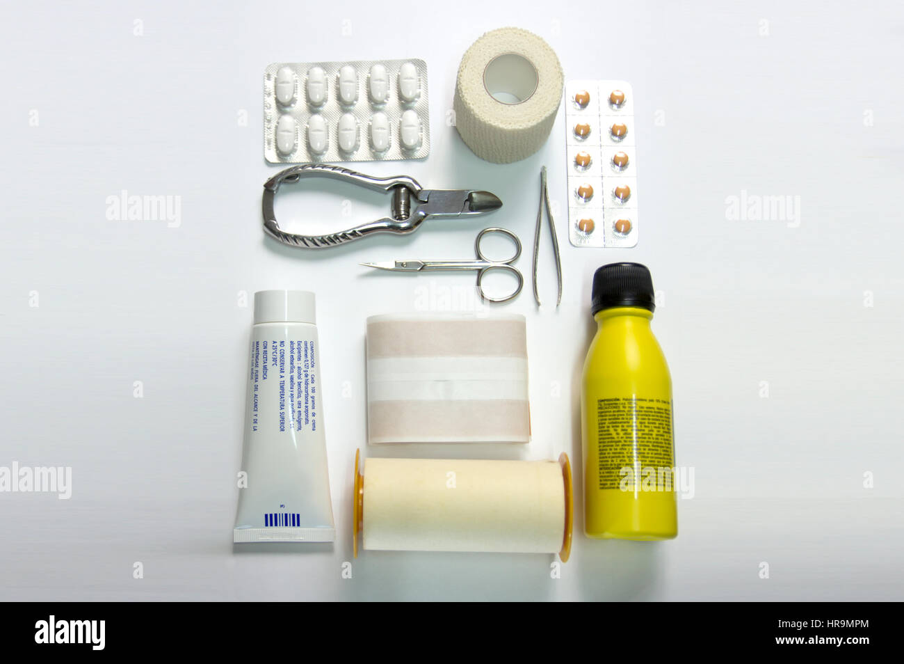 Top view of objects for a first aid kit box with medical equipment and ...