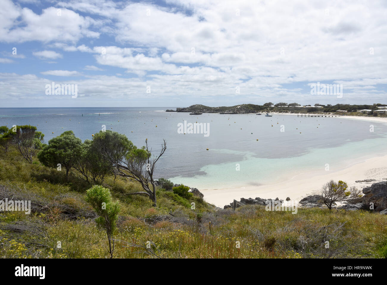 Scenic view from dune bluff over Indian Ocean bay at Rottnest Island in ...