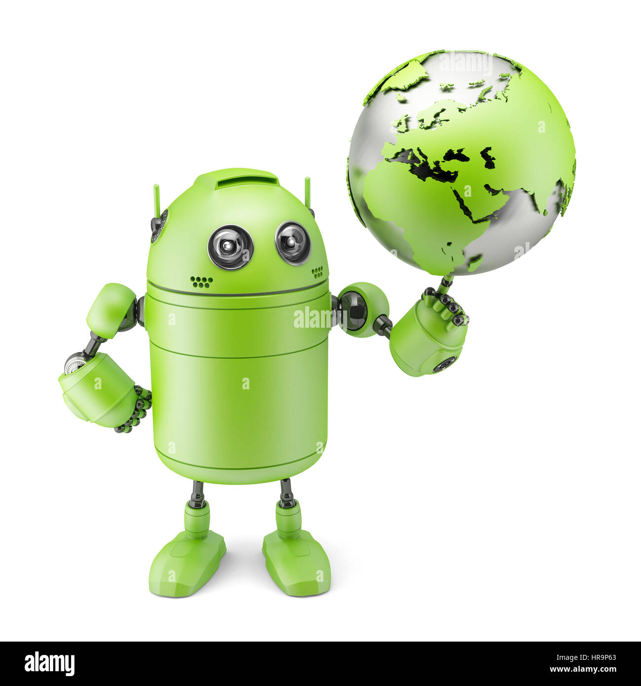 3d Robot inspecting a globe. Isolated on white Stock Photo - Alamy