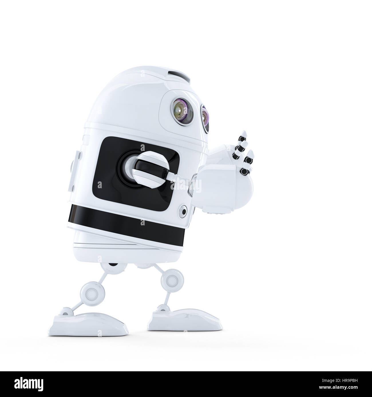 Android robot pushing an invisible object. Isolated on white background ...