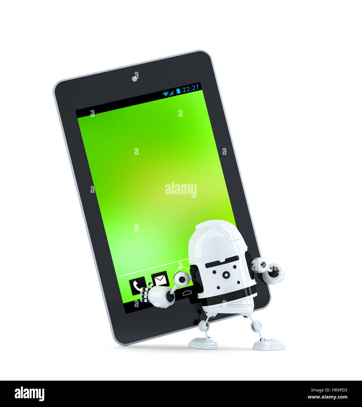 Robot with tablet pc. Isolated on white background Stock Photo - Alamy