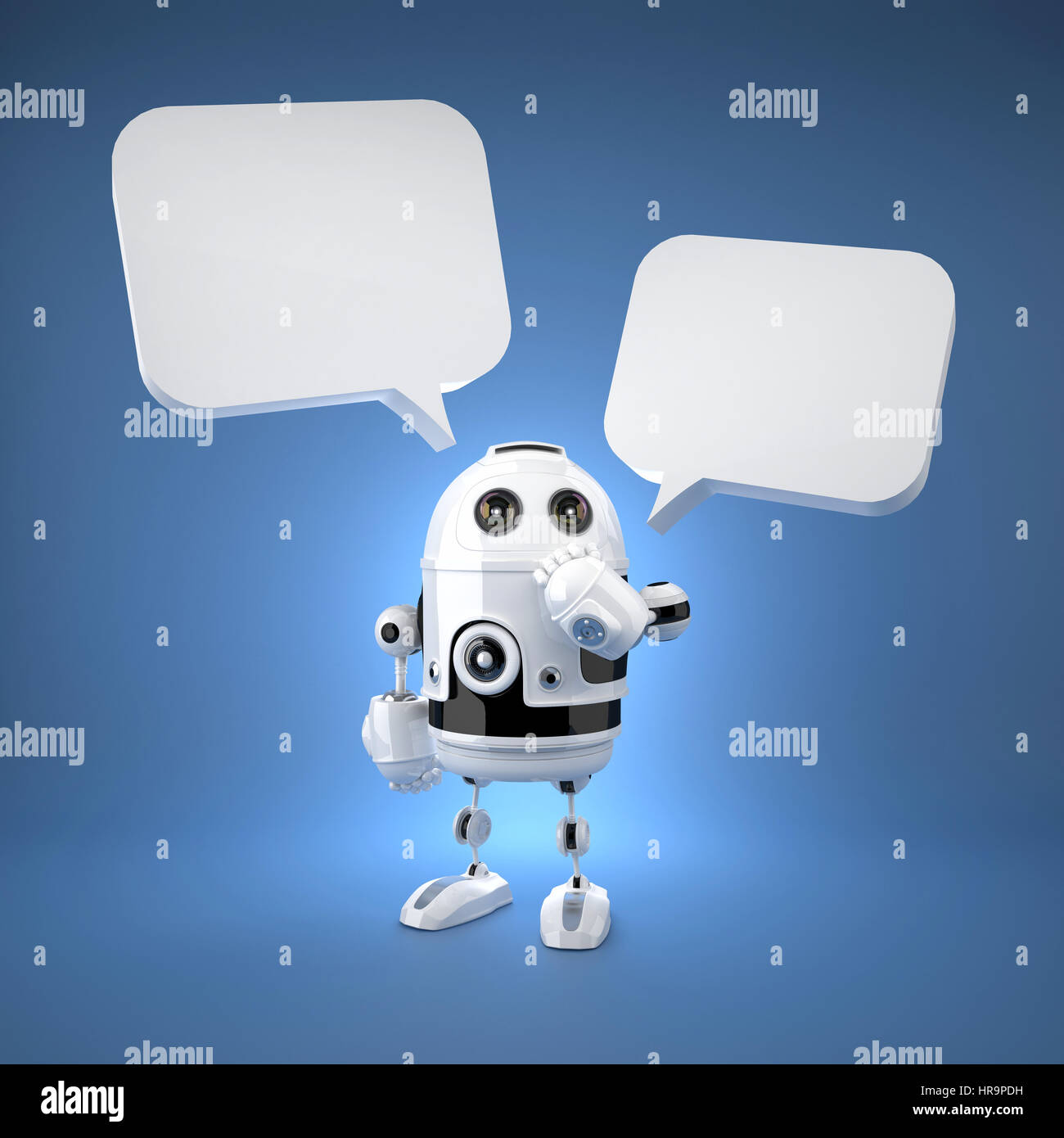 Cute Android Robot with speech bubbles. Rendered over blue background ...