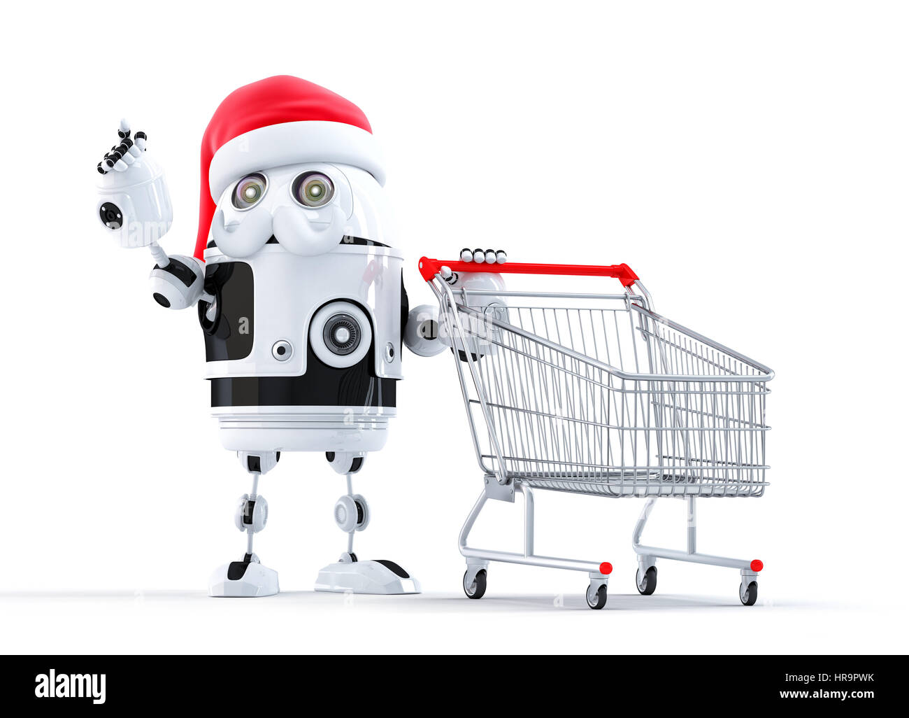 Robot Santa with shopping cart pointing at object. Isolated Stock Photo ...