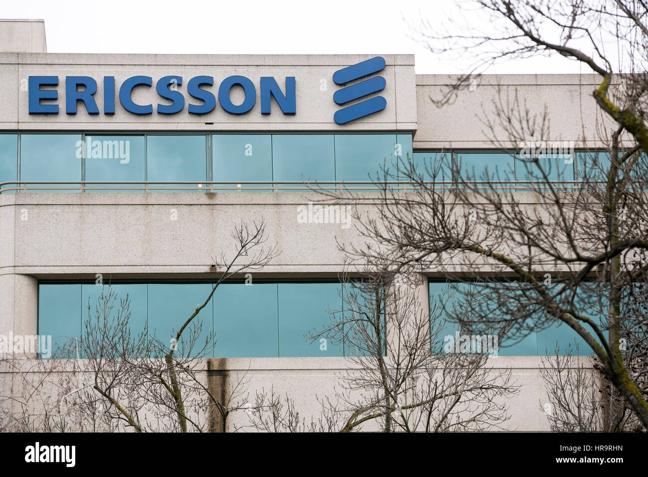 A logo sign outside of a facility occupied by Ericsson in Pleasanton ...