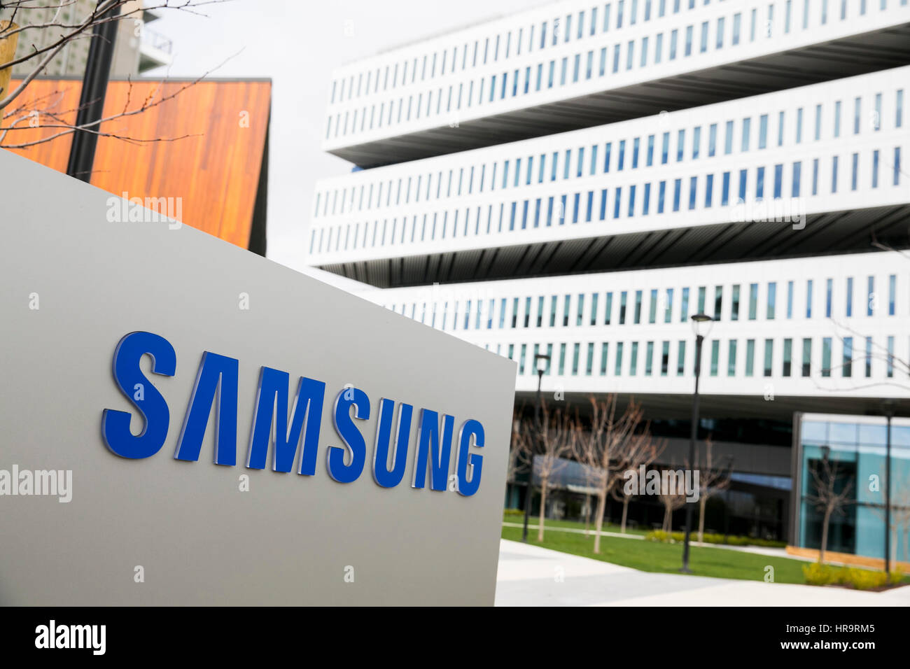 A logo sign outside of a facility occupied by Samsung Electronics ...