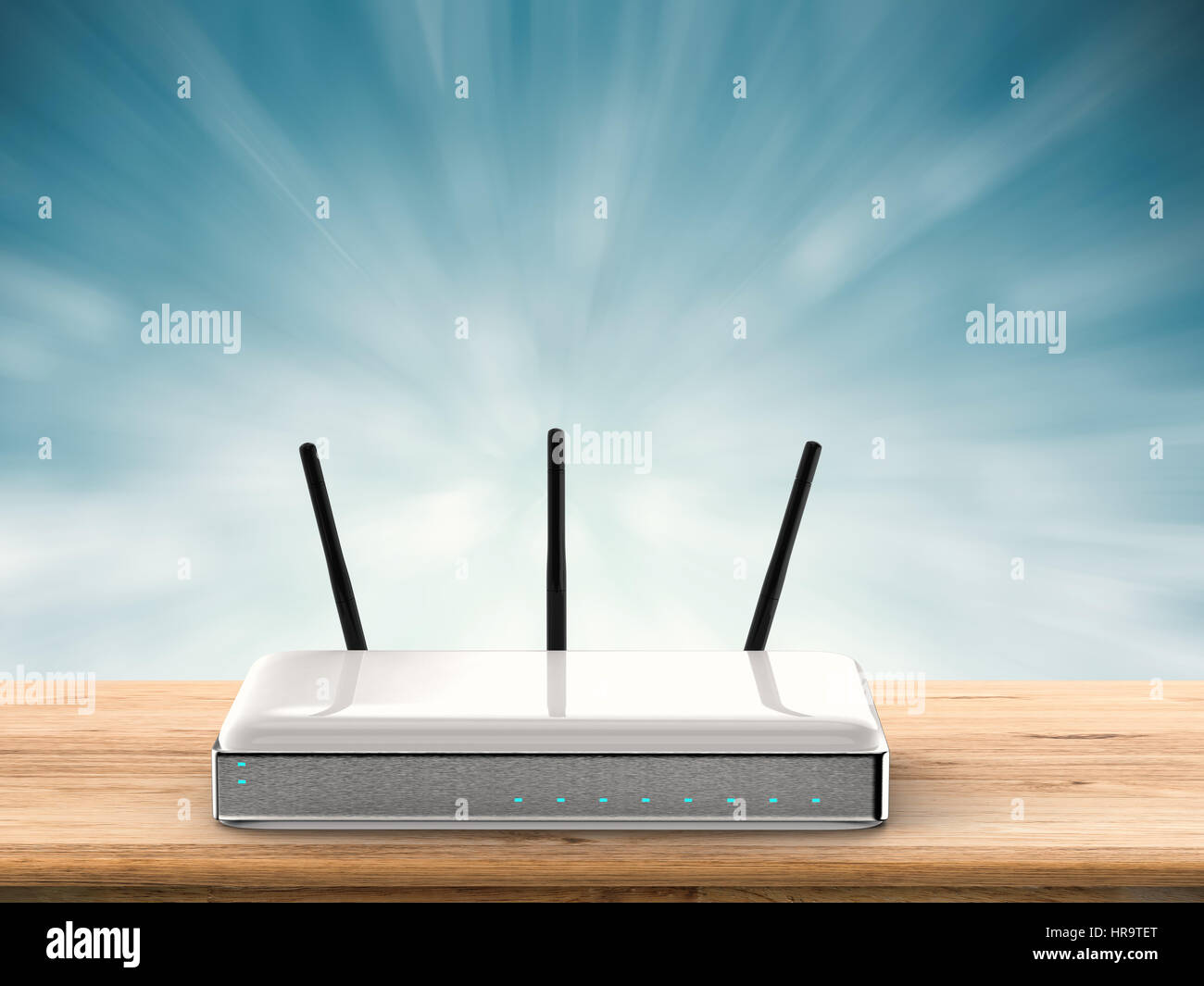3d rendering wireless router on wooden table Stock Photo - Alamy