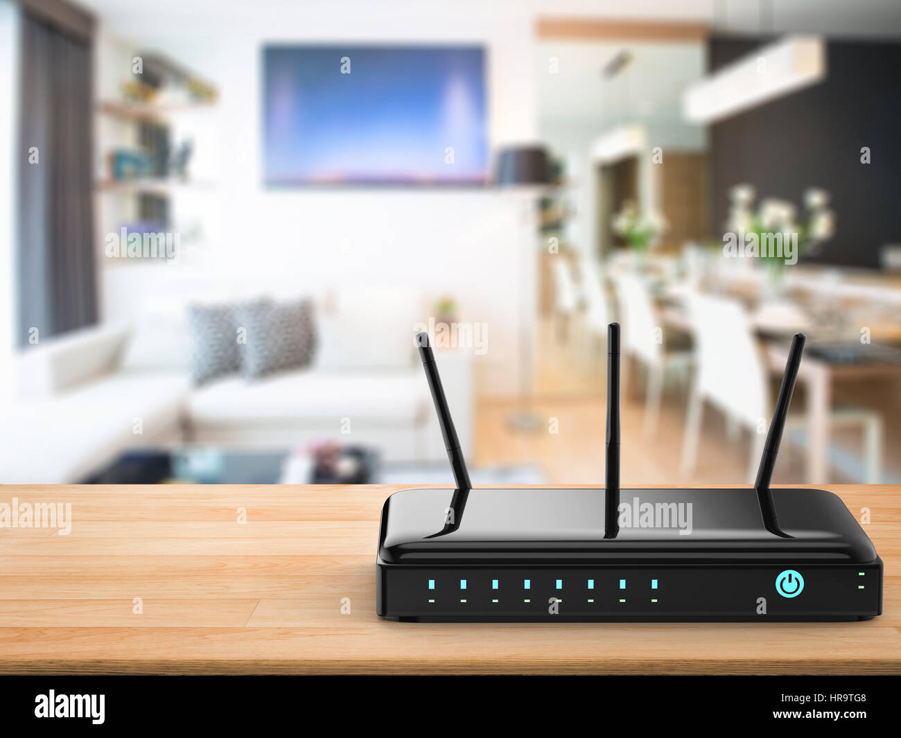 3d rendering wireless router on wooden table Stock Photo - Alamy