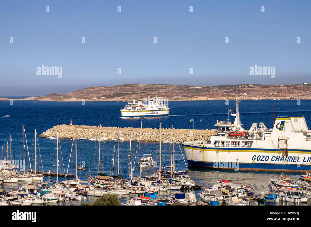 Panoramic view of Mgarr on the island of Gozo, the main harbour and the ...