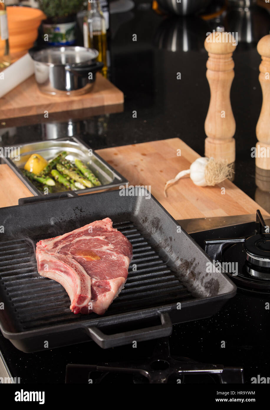 grilled black angus steak on grill iron pan Stock Photo - Alamy