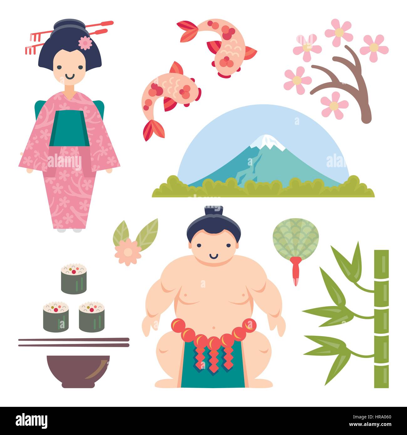 Japanese vector collection with Geisha, Sumo Wrestler, Sushi, Sakura ...