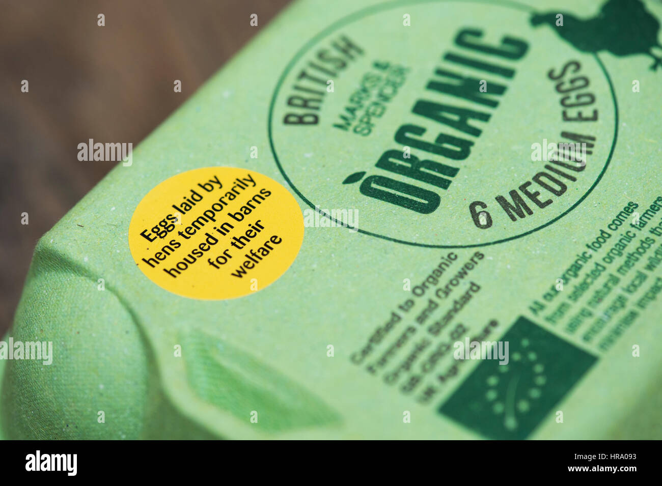 Sticker on a box of Free range eggs explaining hens housed in barns for ...