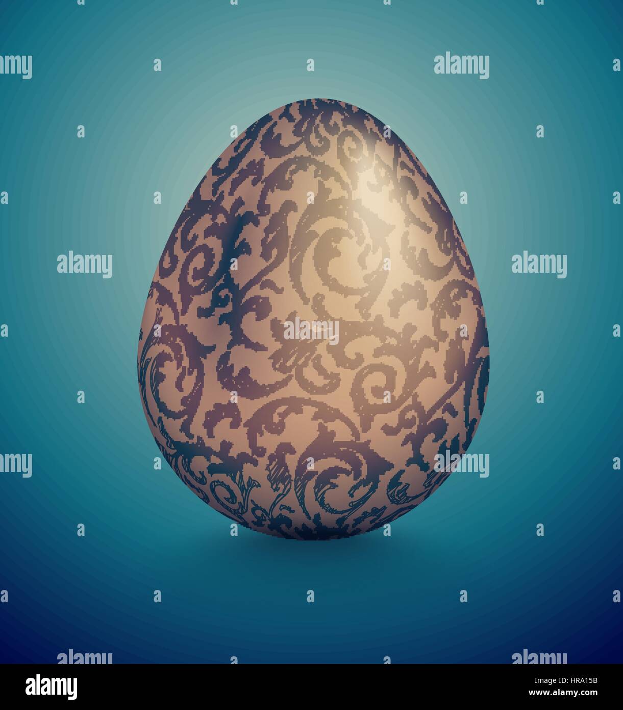 Glossy realistic golden egg with blue ink handdrawn floral pattern ...