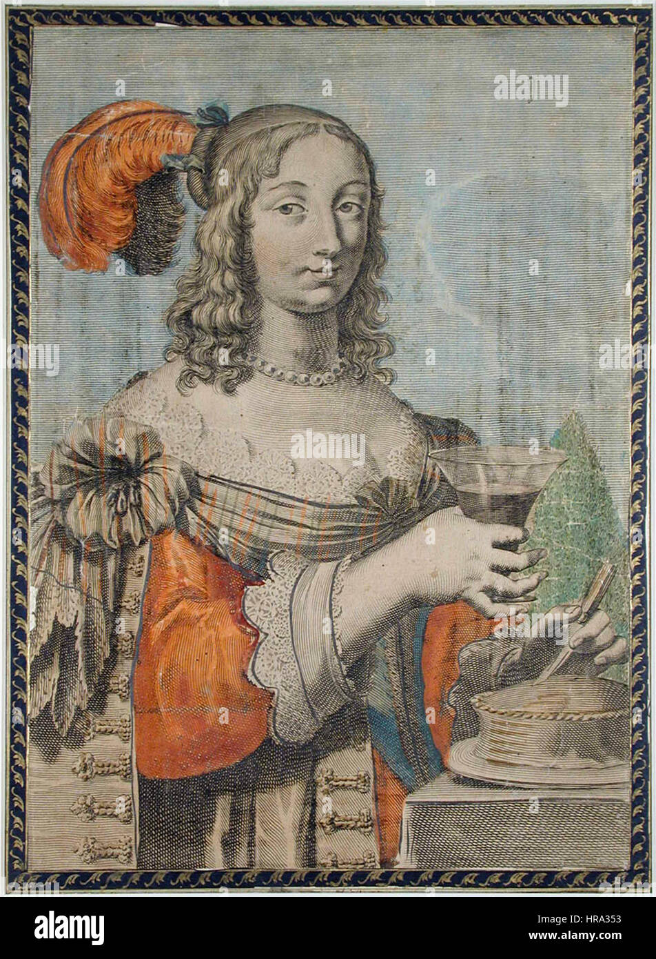 Recto- Calligraphy; Verso- Colored European engraving of a woman ...