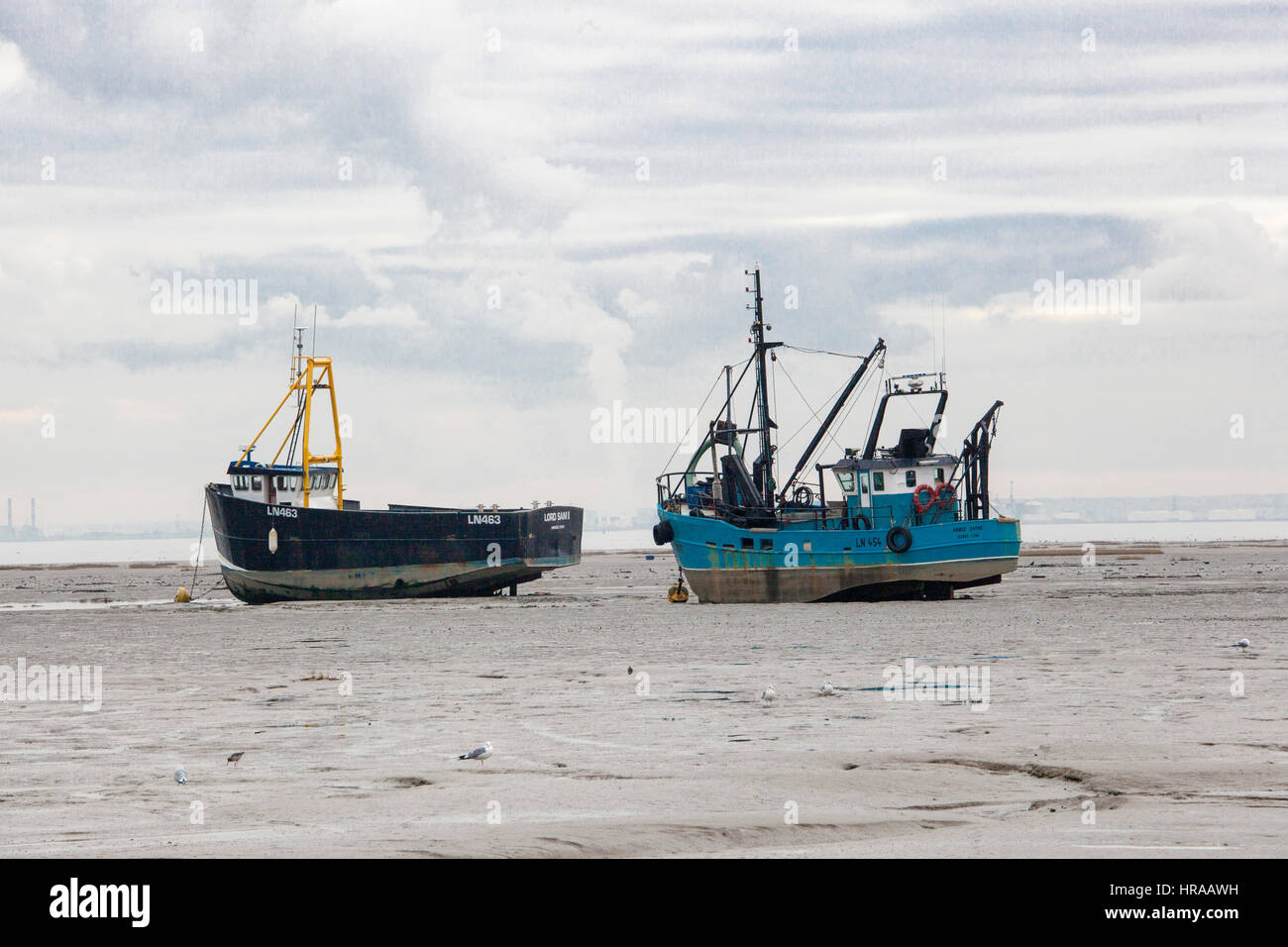 Trawlers moored on the mud in the River Thames Estuary at Leigh on Sea ...