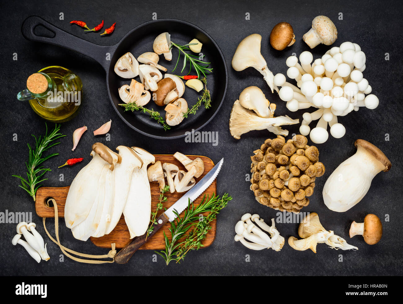 Top View of Edible Mushrooms. Cooking Fungus with Hearbs and Seasoning ...