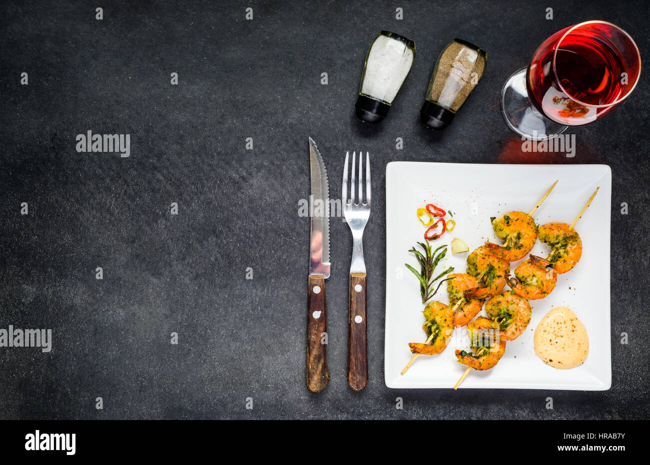 Top View of Prawns and Rose Wine with Spices on Copy Space Text Area ...