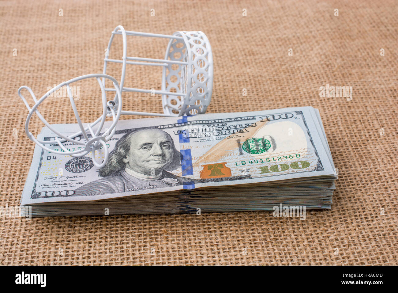 Birds cage placed on bundle of US dollar banknote Stock Photo - Alamy