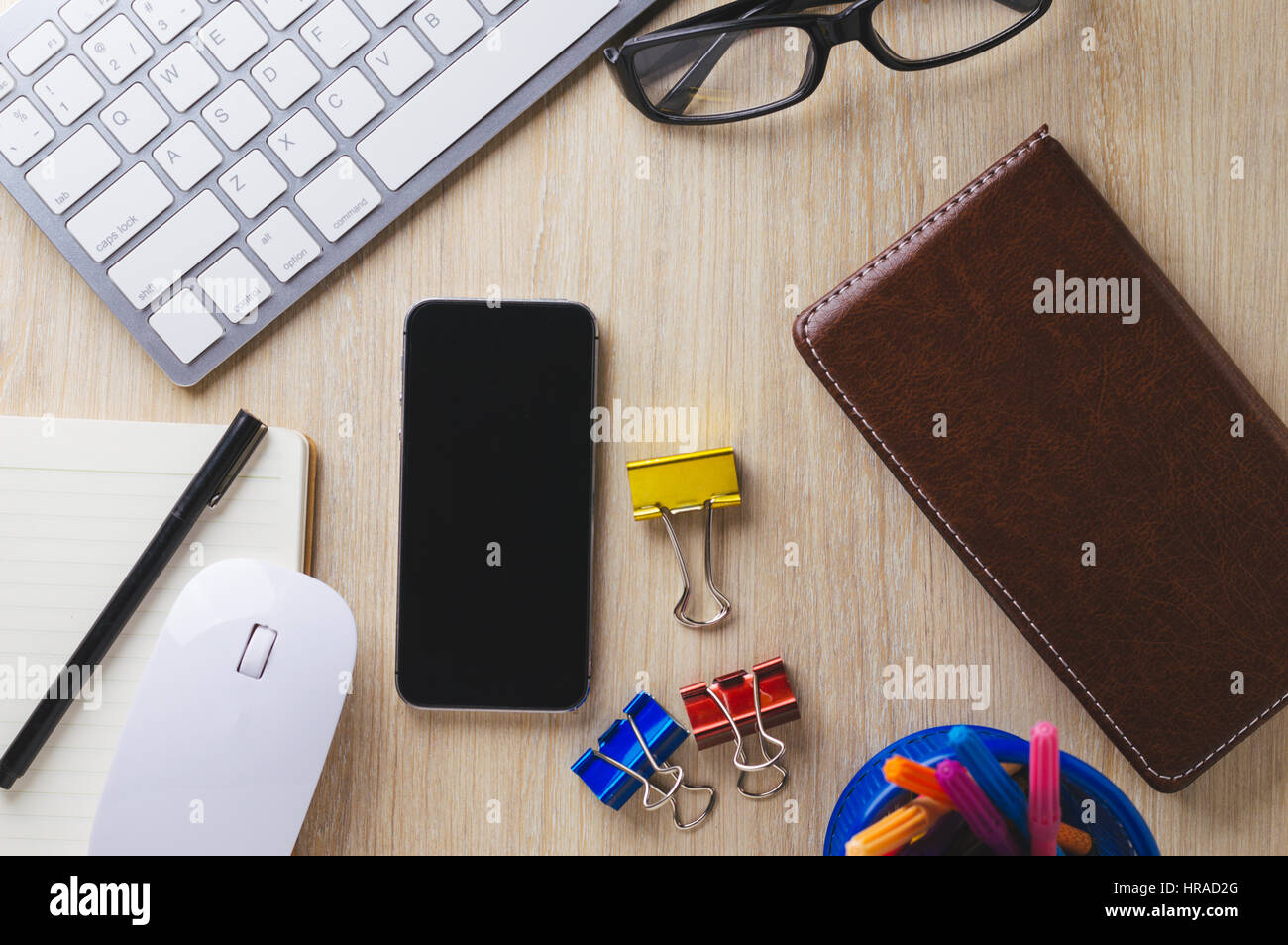 Office desk wood with computer, note book,phone concept in wood ...