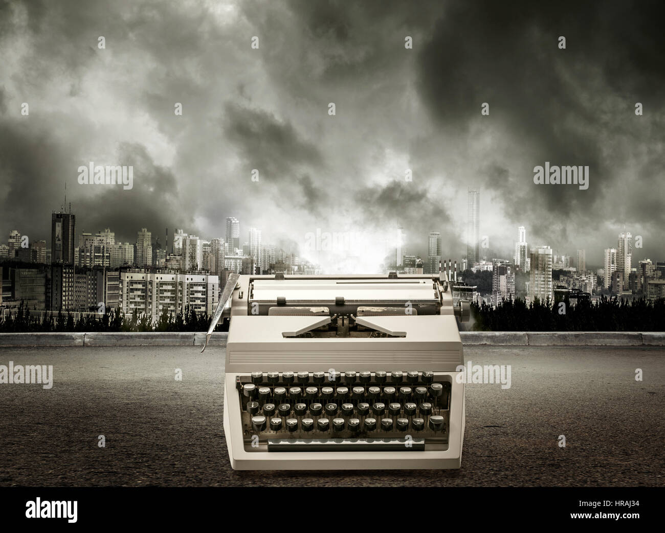Old-fashioned typewriter with latin alphabet on city view Stock Photo ...