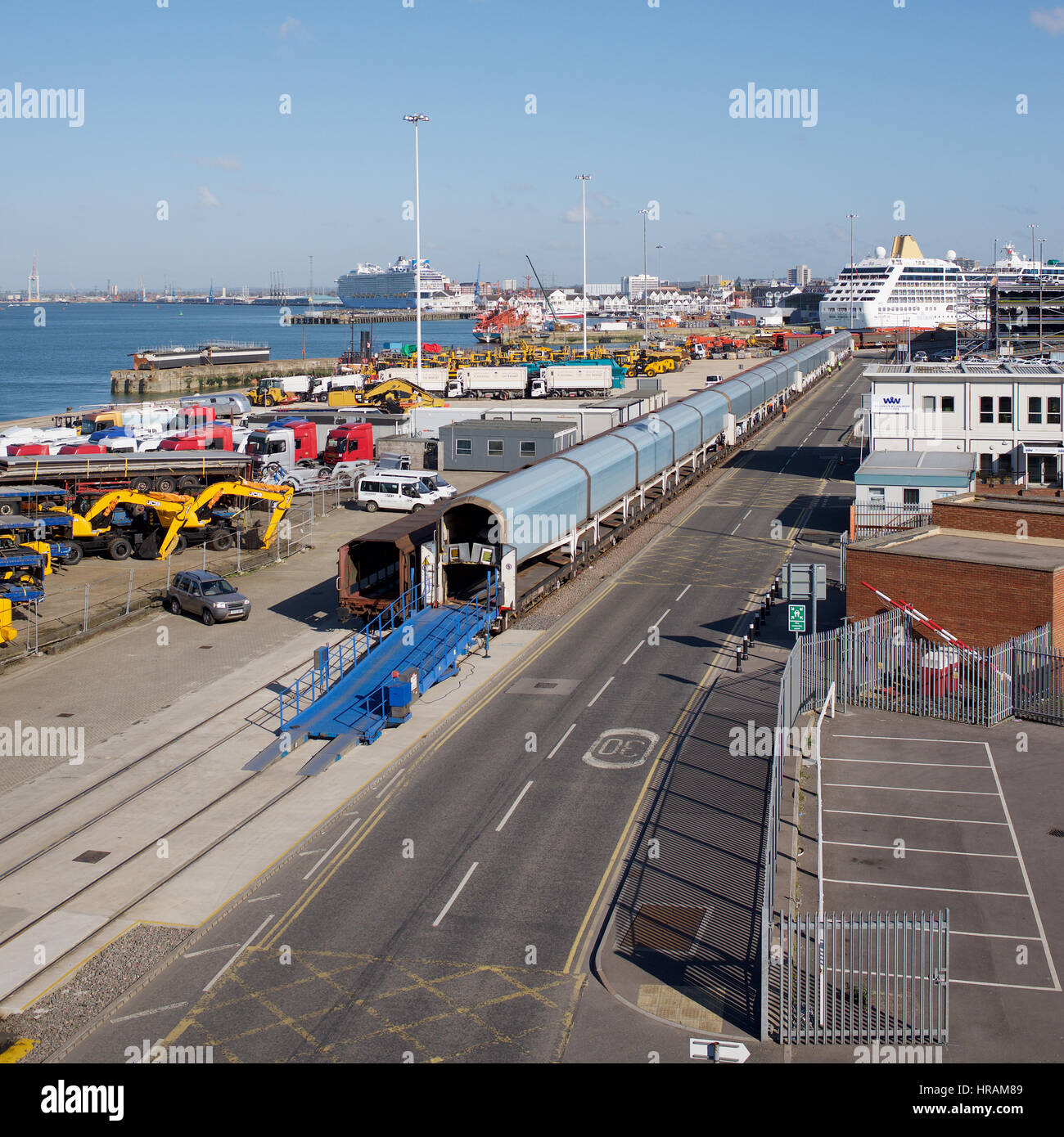 Unloading cars from a train in The Port of Southampton, England Stock ...