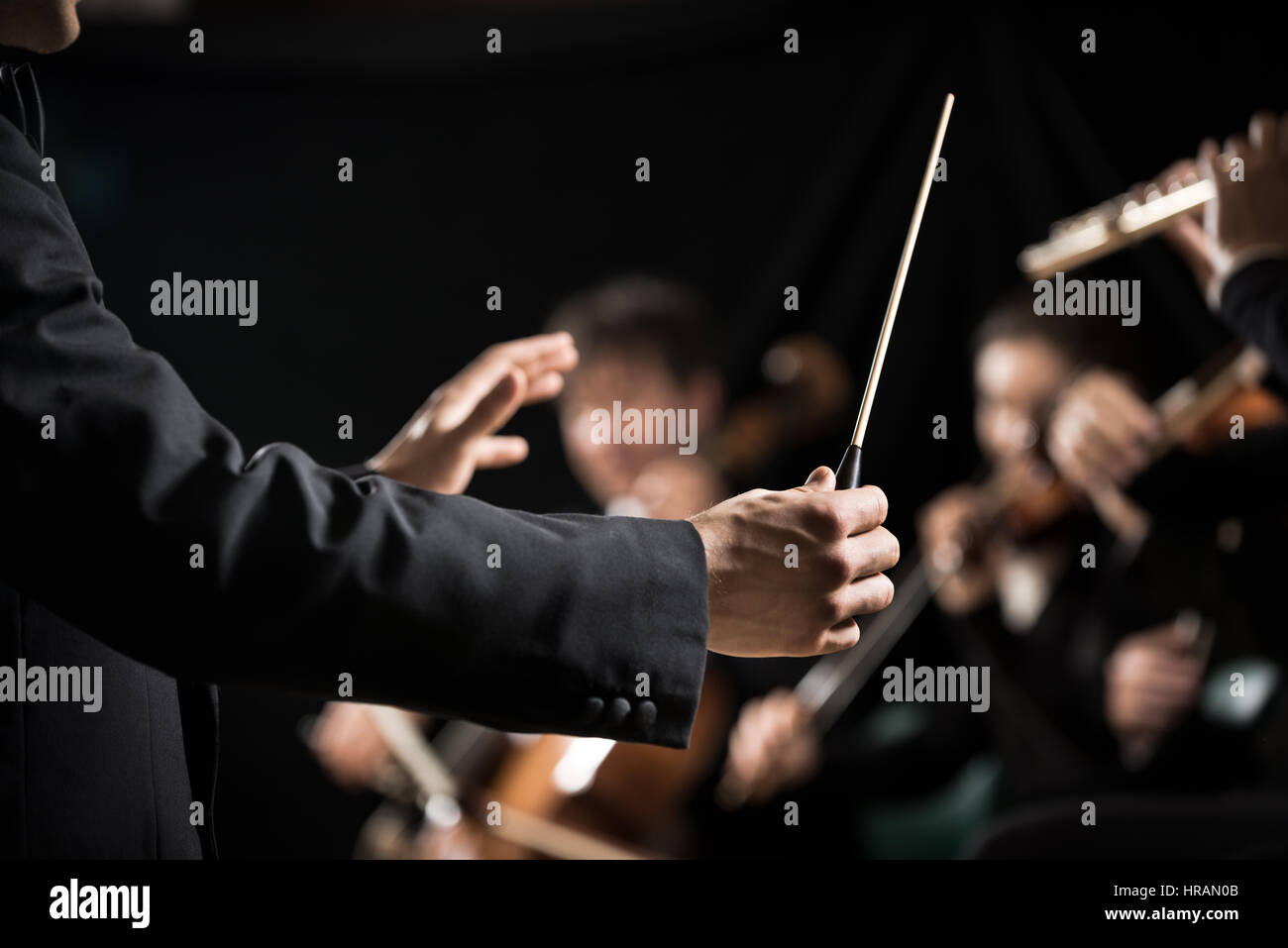 Conductor directing symphony orchestra with performers on background ...