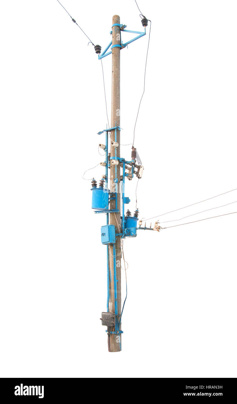 Image of a isolated power pole with Powerlines and transformers Stock ...