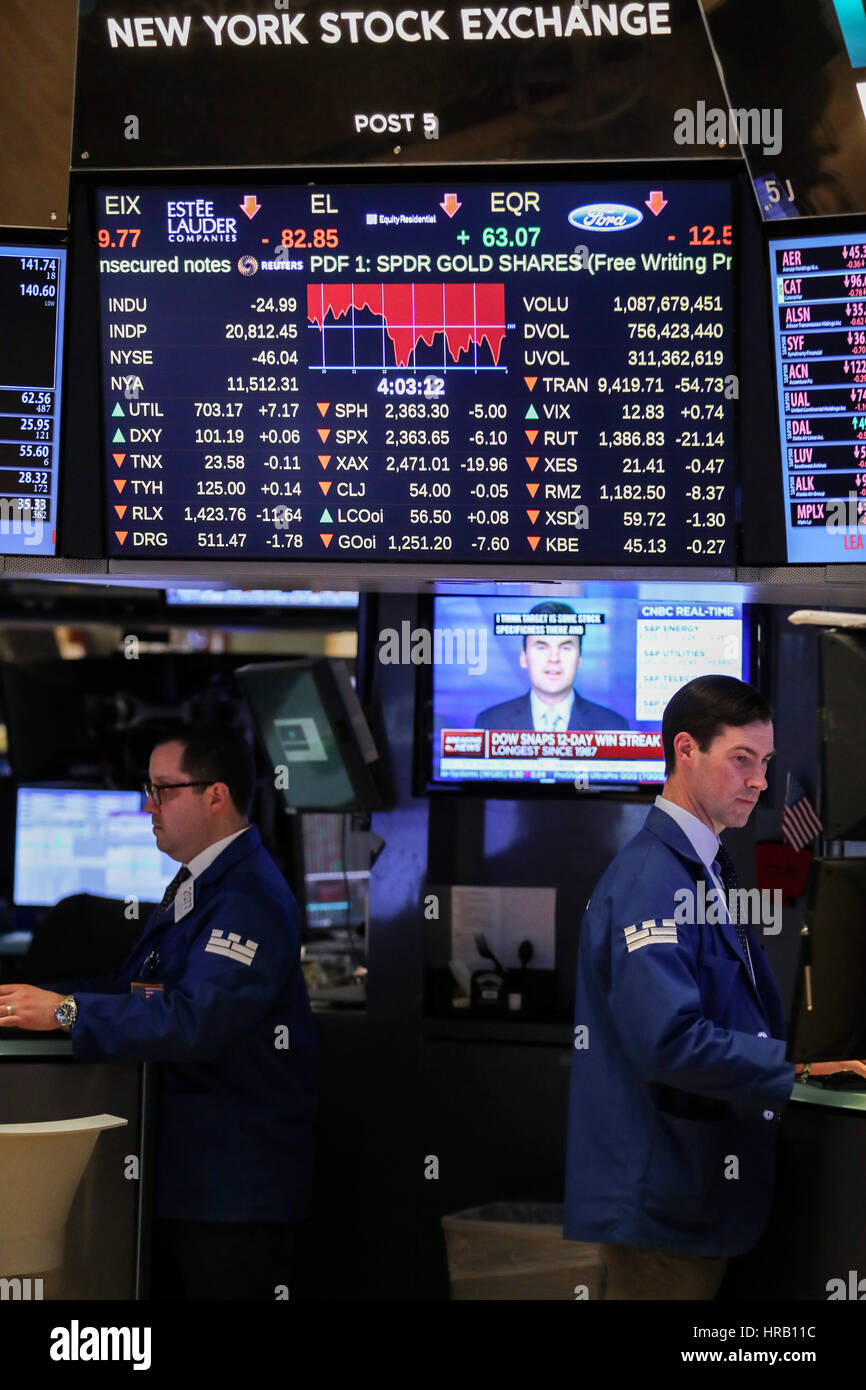 New York, USA. 28th Feb, 2017. Traders work at the New York Stock ...
