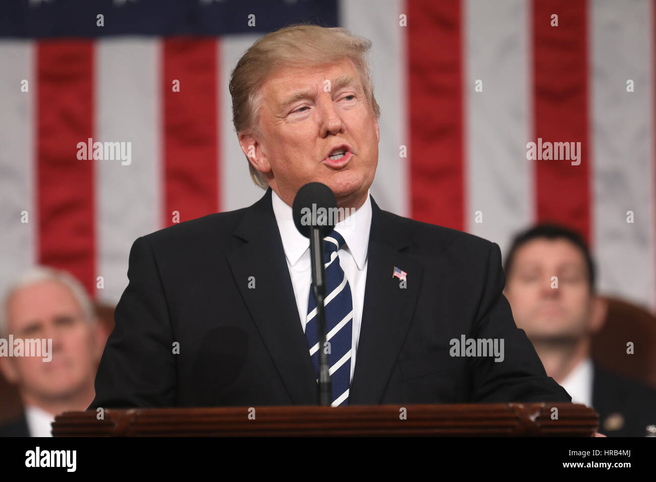 US President Donald J. Trump delivers his first address to a joint session of Congress from the ...