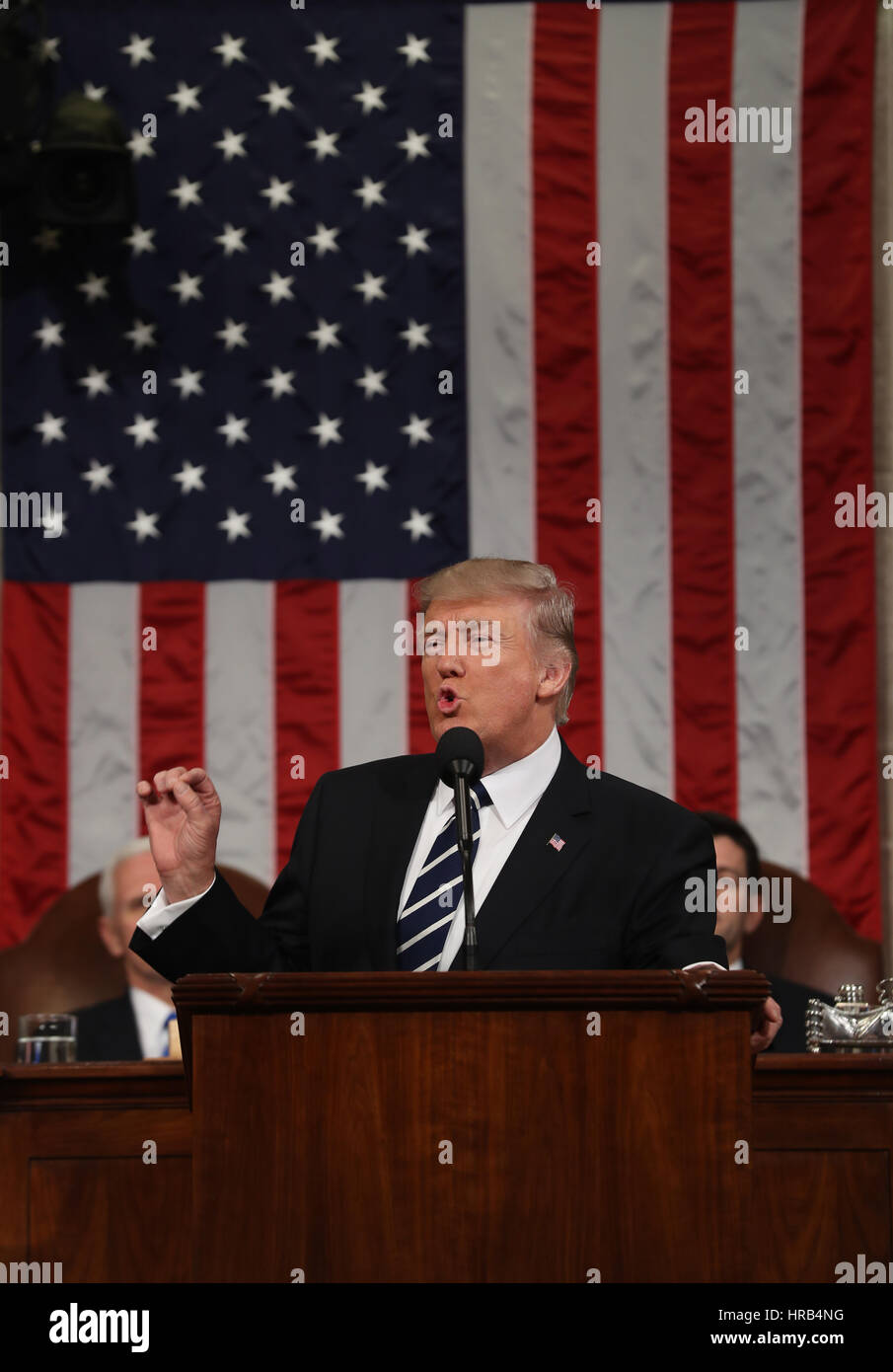 US President Donald J. Trump delivers his first address to a joint session of Congress from the ...