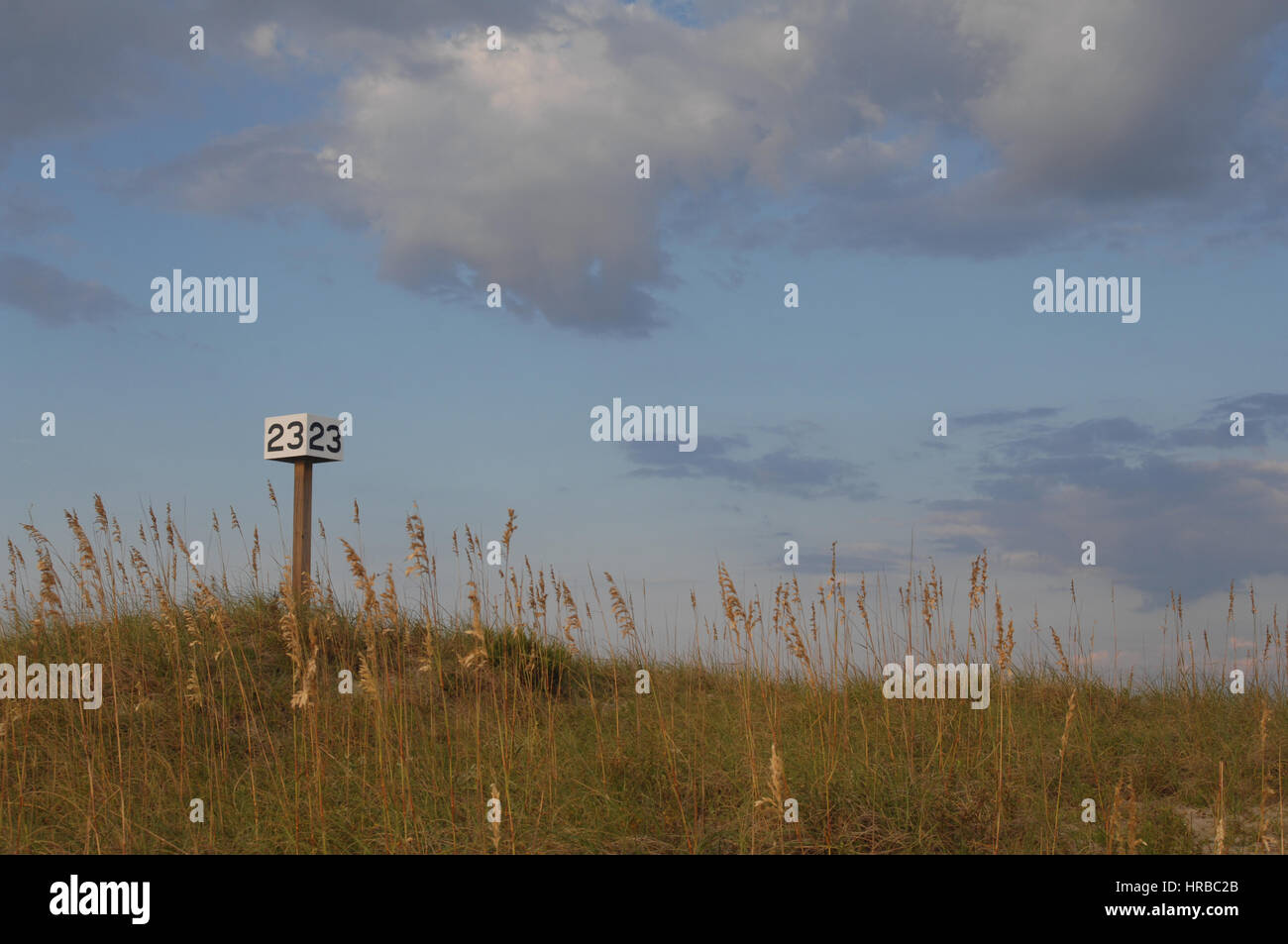 Mile post sign with dunes and sea oats, Outer Banks, North Carolina ...