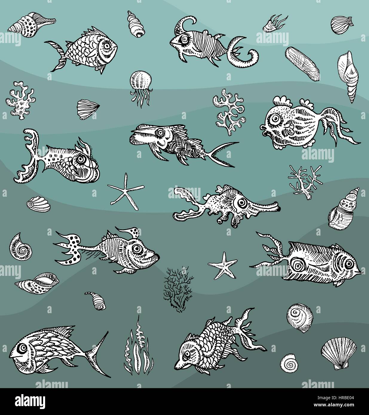 Monster fish sketches set. Hand drawn vector marine set Stock Vector ...