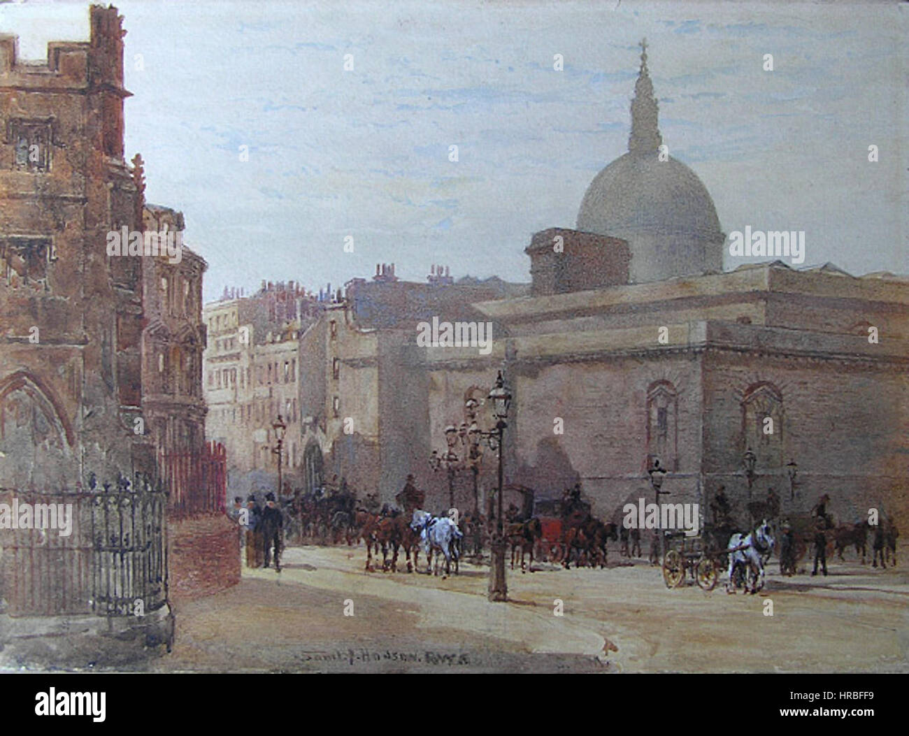 Samuel John Hodson Street Scene in London with Saint Paul's Dome Stock ...