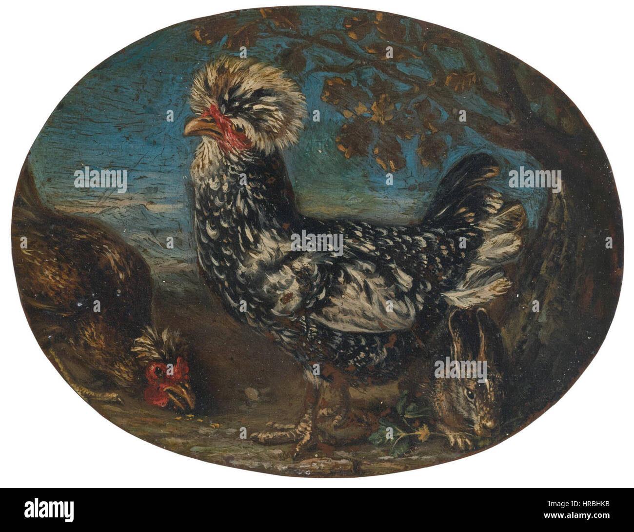 Roosters and a rabbit in a landscape Stock Photo - Alamy