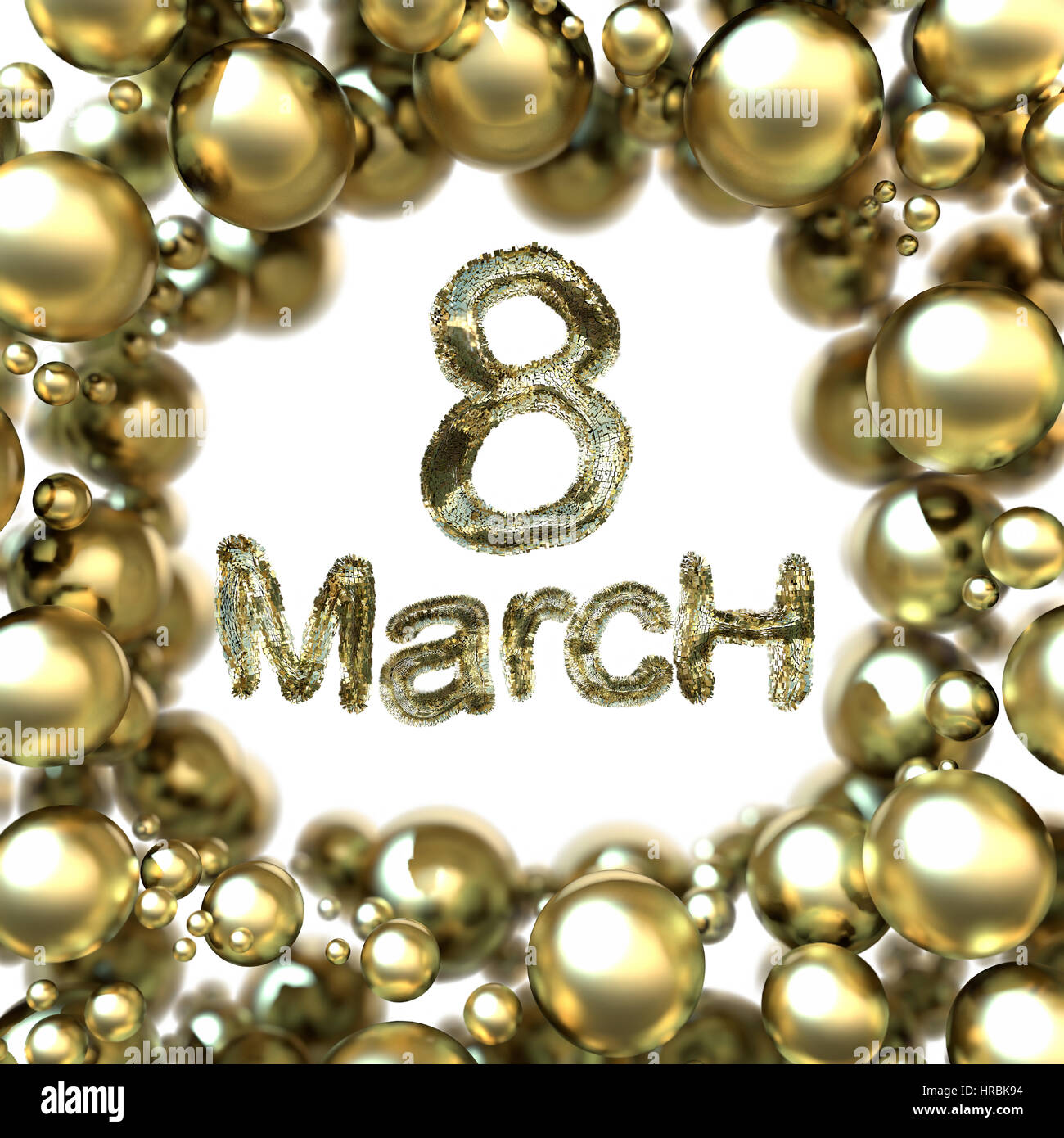 8 March symbol eight made of spheres flying in the space and round by ...