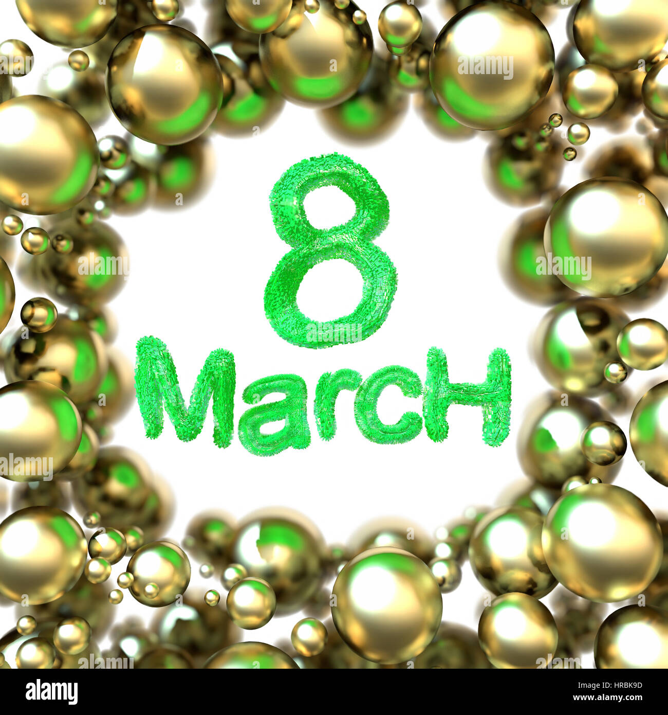 8 March symbol eight made of green fur flying in the space and round by ...