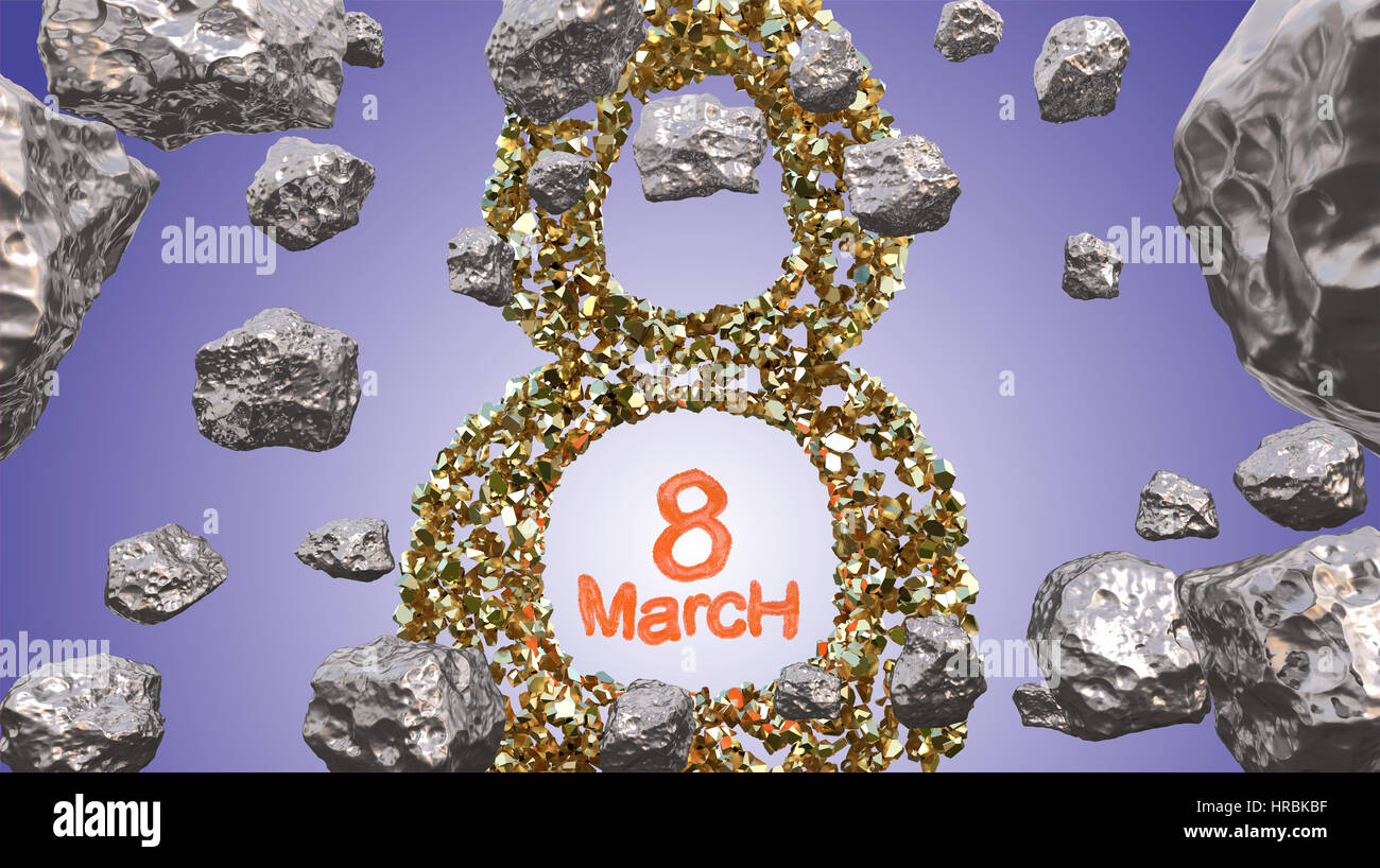 8 March symbol. Figure of eight made of golden gem blocks flying in the ...