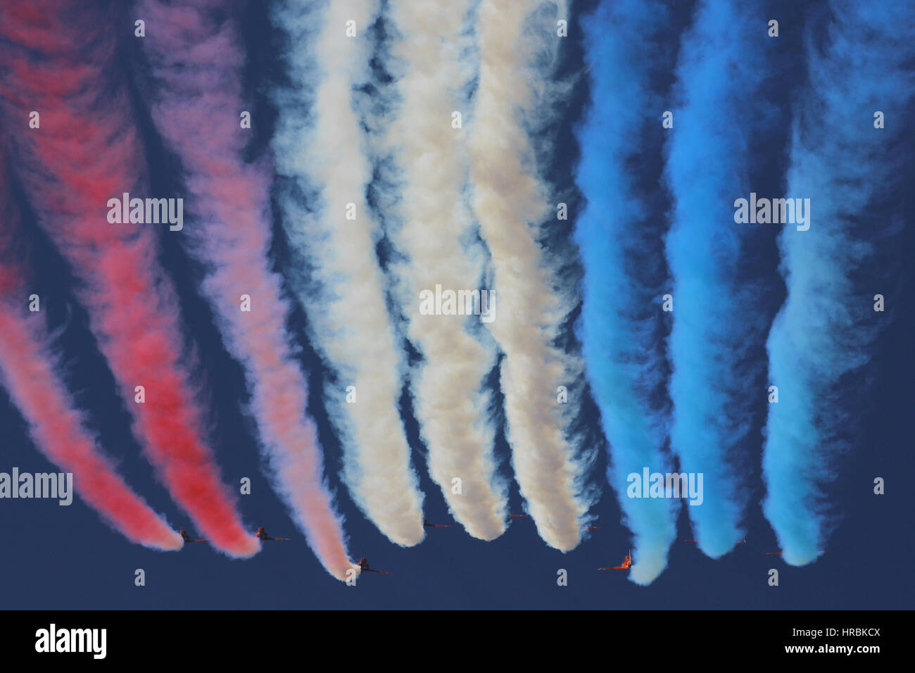 Royal Air Force Red Arrows smoke trails - Farnborough Airshow Stock ...