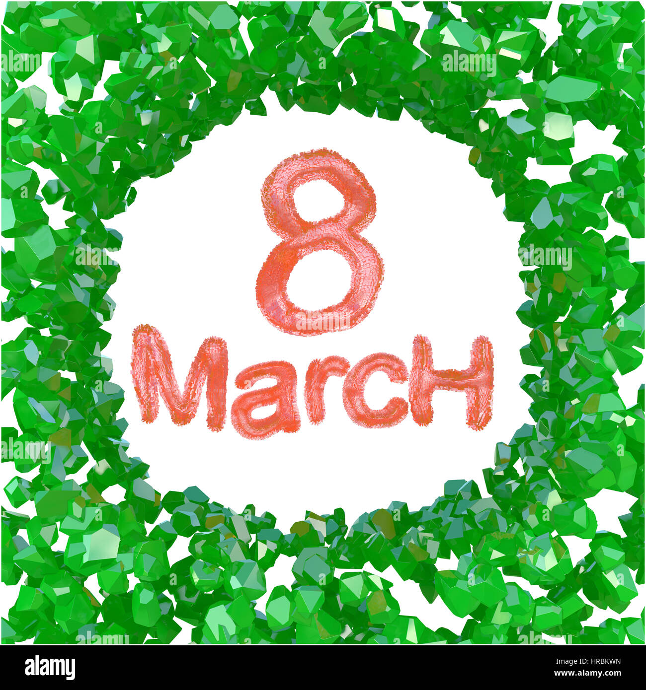 8 March red symbol flying in the space and round by frame made of green ...