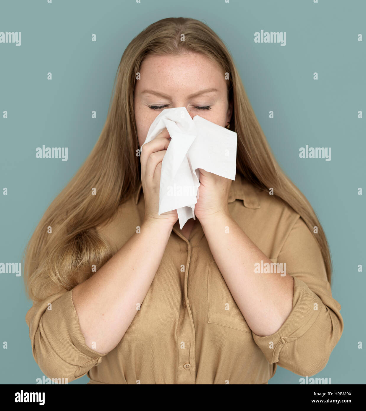Caucasian Woman Sneezing Crying Tissue Stock Photo - Alamy