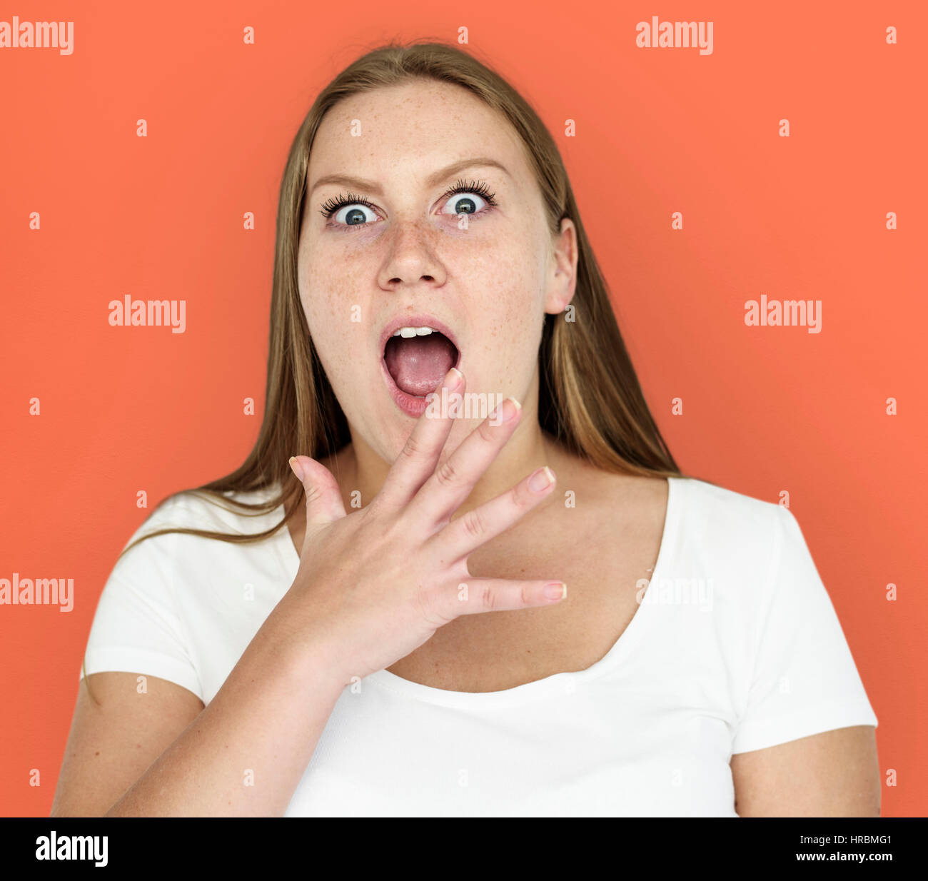 Caucasian Girl Shocked Hand Gesture Stock Photo - Alamy