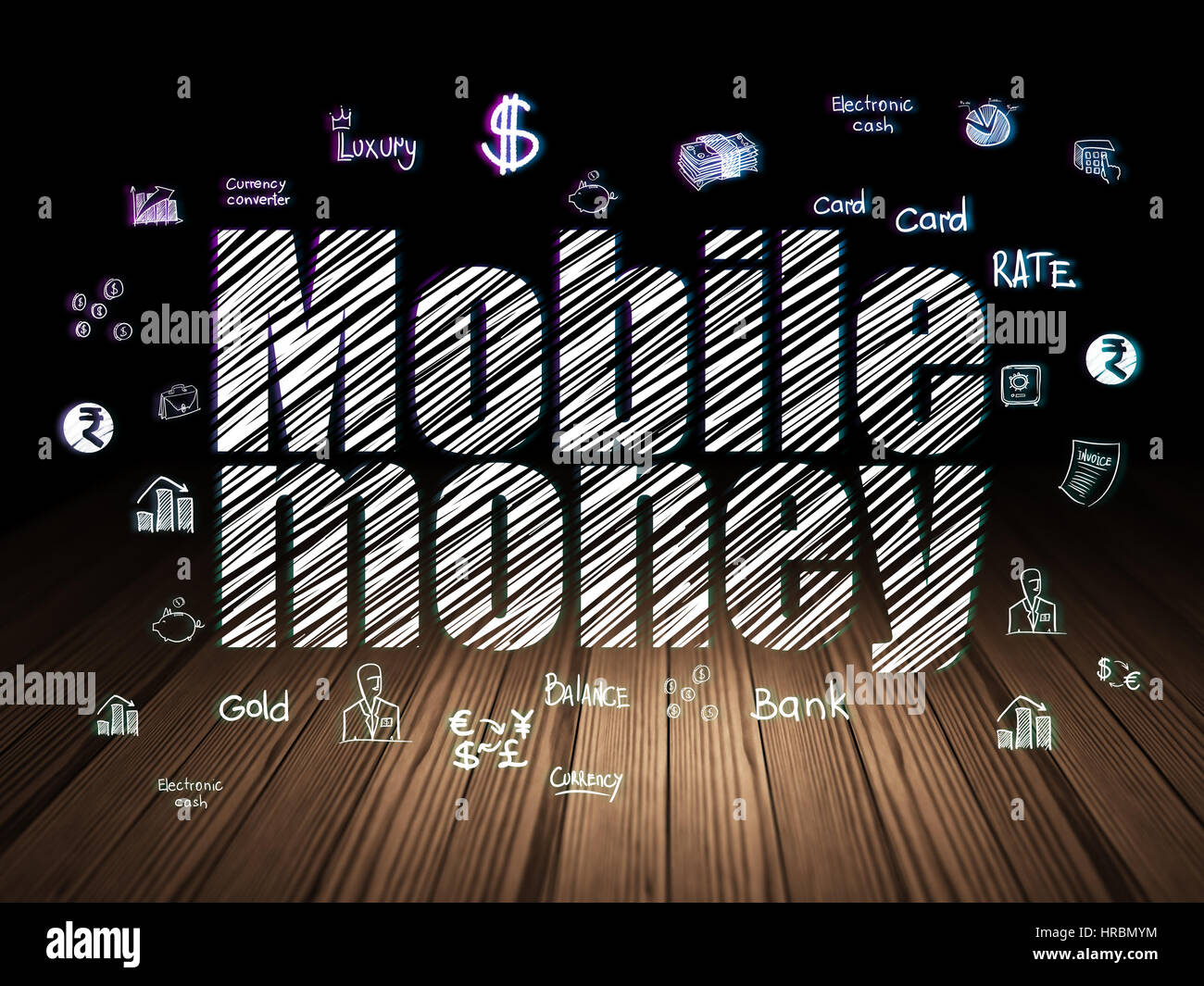 Banking concept: Mobile Money in grunge dark room Stock Photo - Alamy