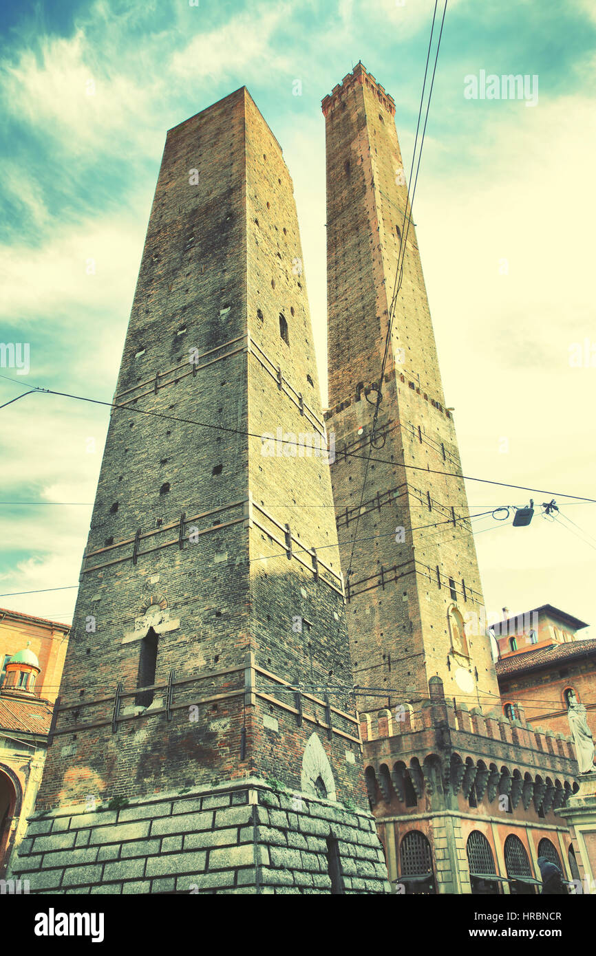 Two towers in Bologna, Italy. Retro style filtered image Stock Photo ...